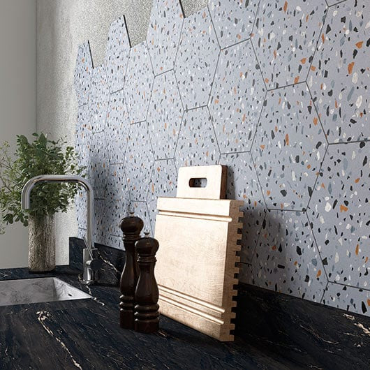 Abstract Blue 8x9 Hexagon Matte Porcelain Tile | Oasis Tile