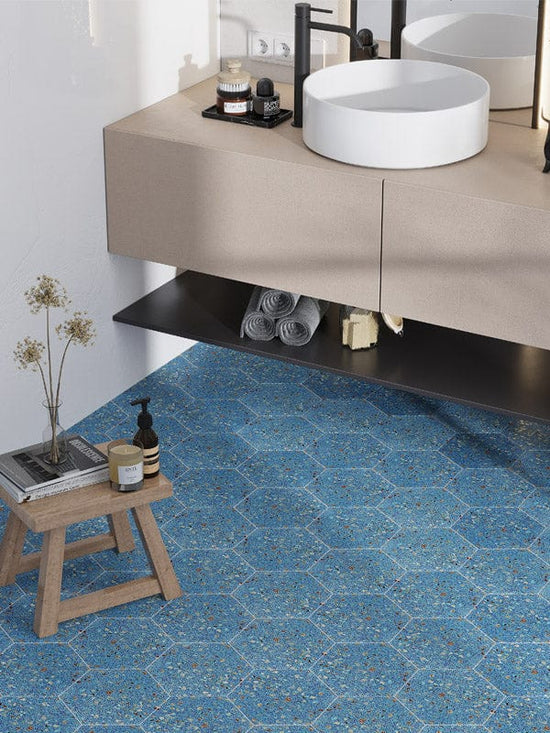 Aquaterra Blue Hex Terrazzo and Shell Polished Tile | Oasis Tile