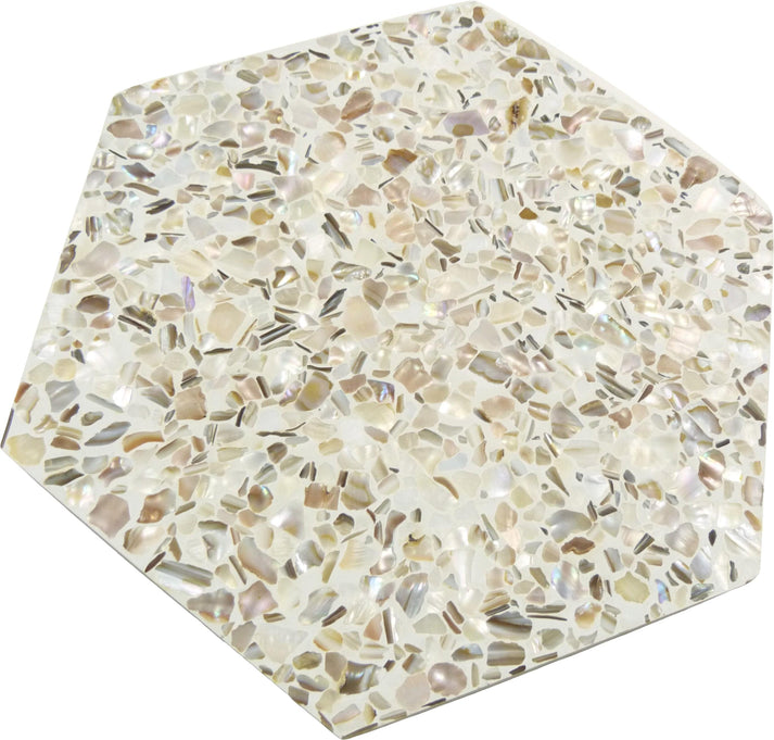 Aquaterra White Hex Terrazzo and Shell Polished Tile | Oasis Tile