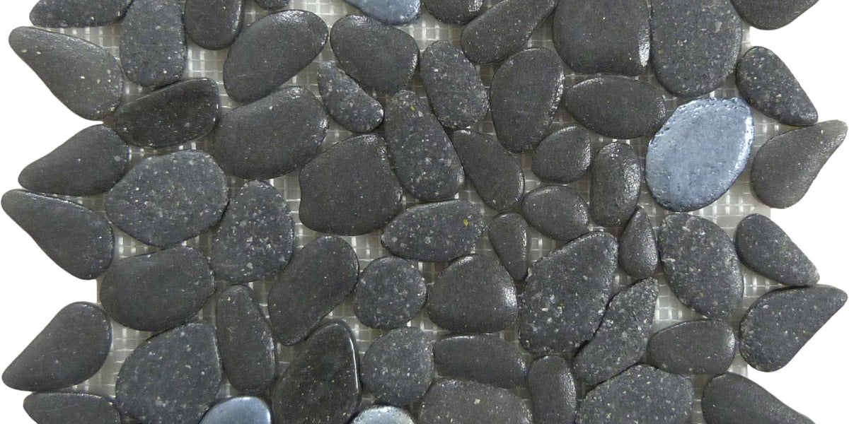 Tesoro Liquid Rocks Abyss Black Glass and Stone Pebble Tile | Oasis Tile