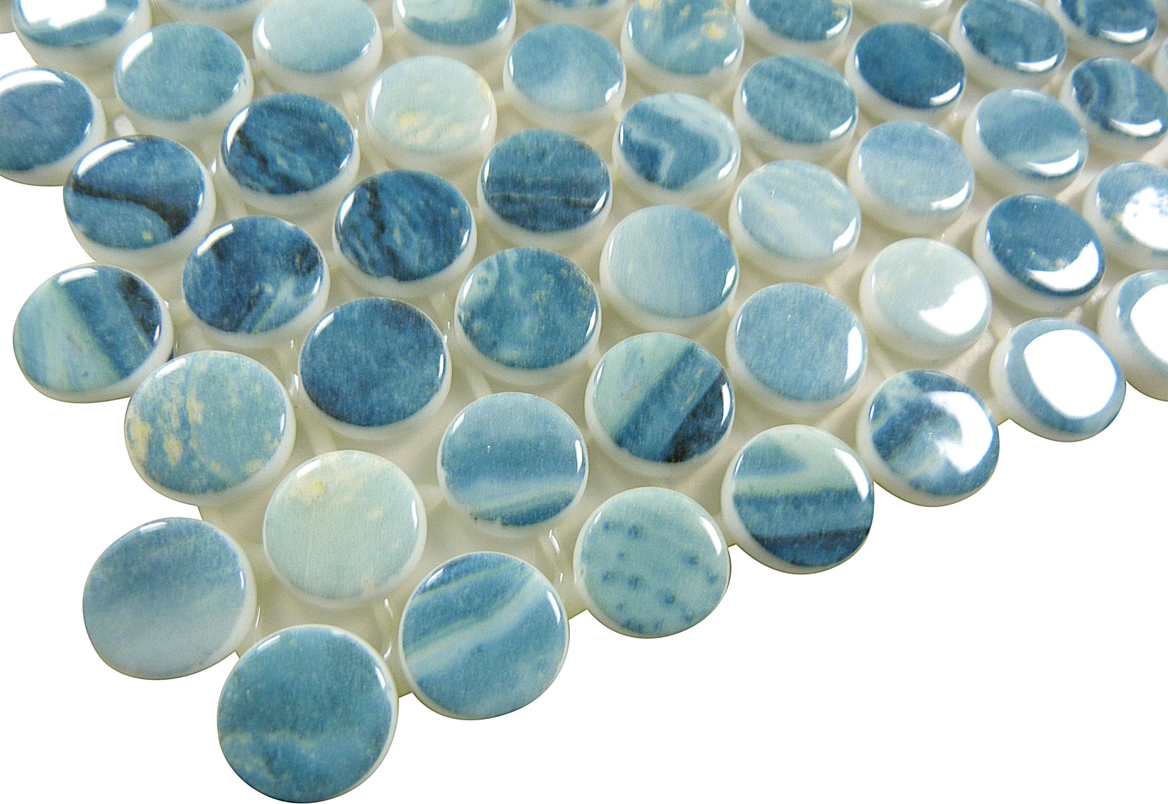 Vanguard Forest Aqua Penny Round Glossy Glass Tile | Oasis Tile
