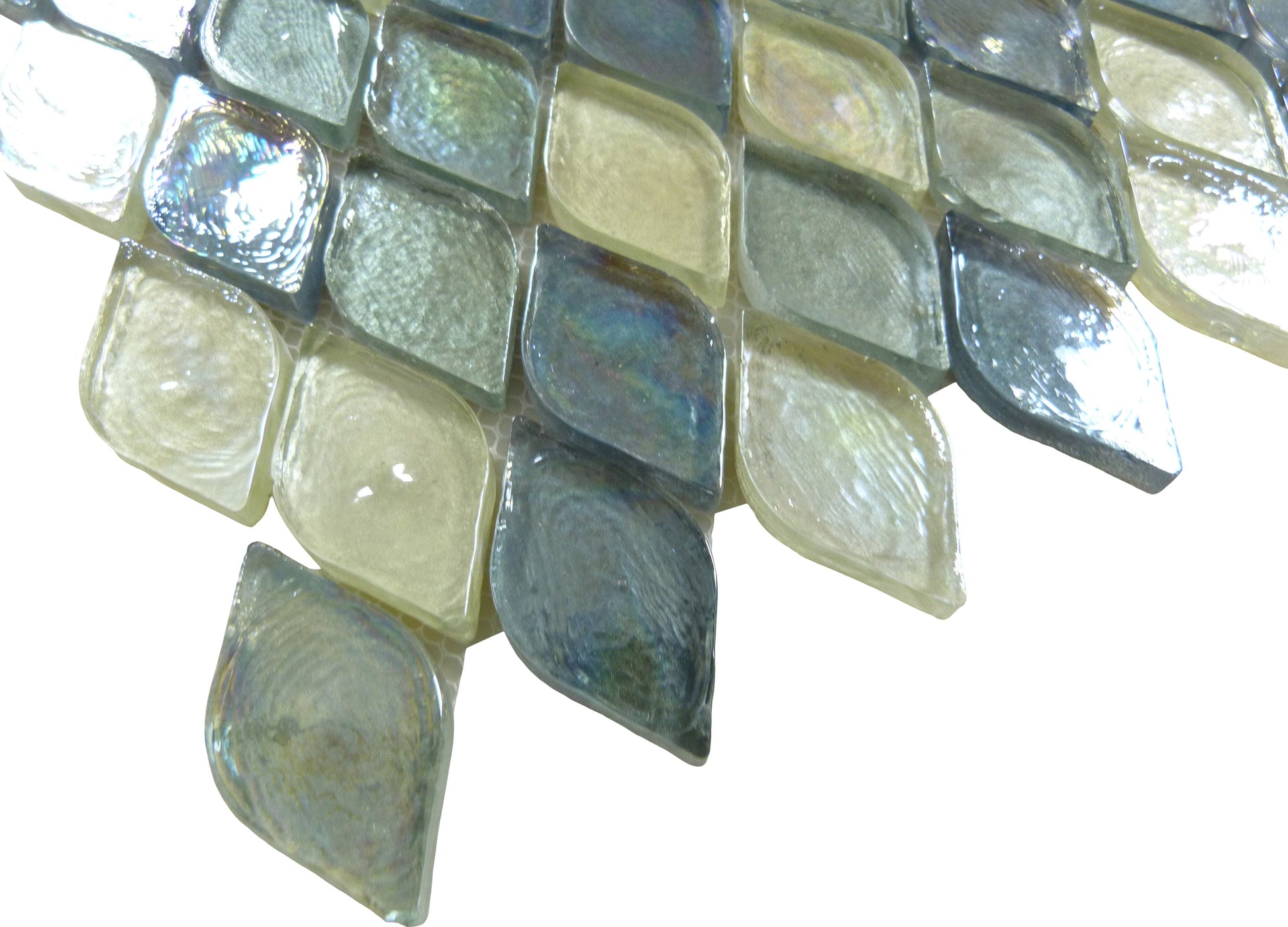 Atlantis Leaf Blue Glossy and Iridescent Glass Tile | Oasis