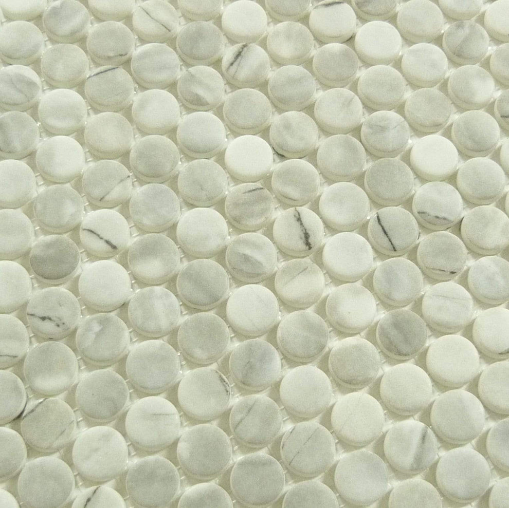 Carolina Dots Venezuela Dawn Grey Penny Round Recycled Matte Glass Tile ...