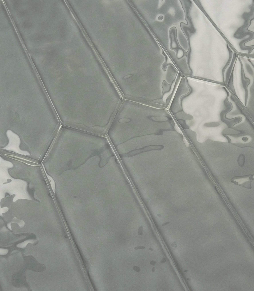 Dim Afternoon Grey 3" x 10" Elongated Hexagon Rippled Glossy Glass Tile ...