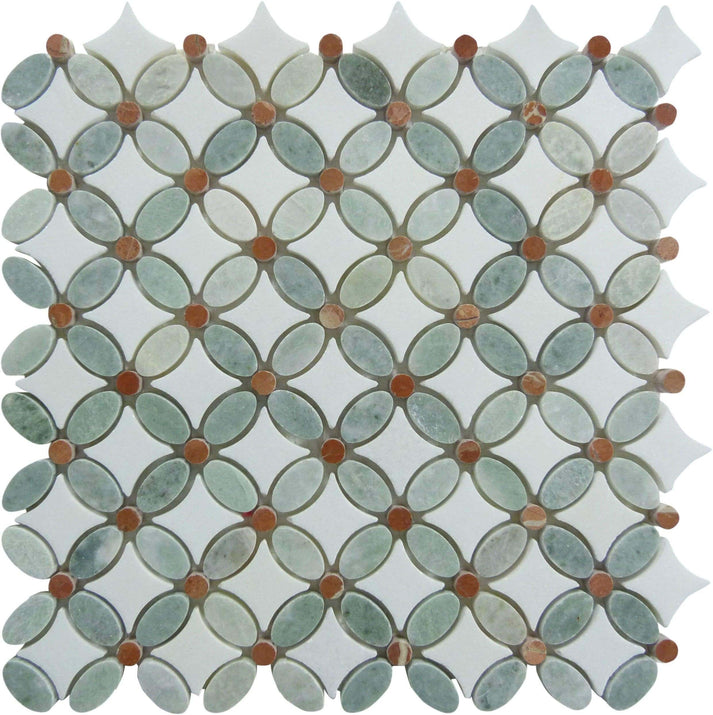 Ming Green Oval Red Dots Thassos White Flower Stone Tile