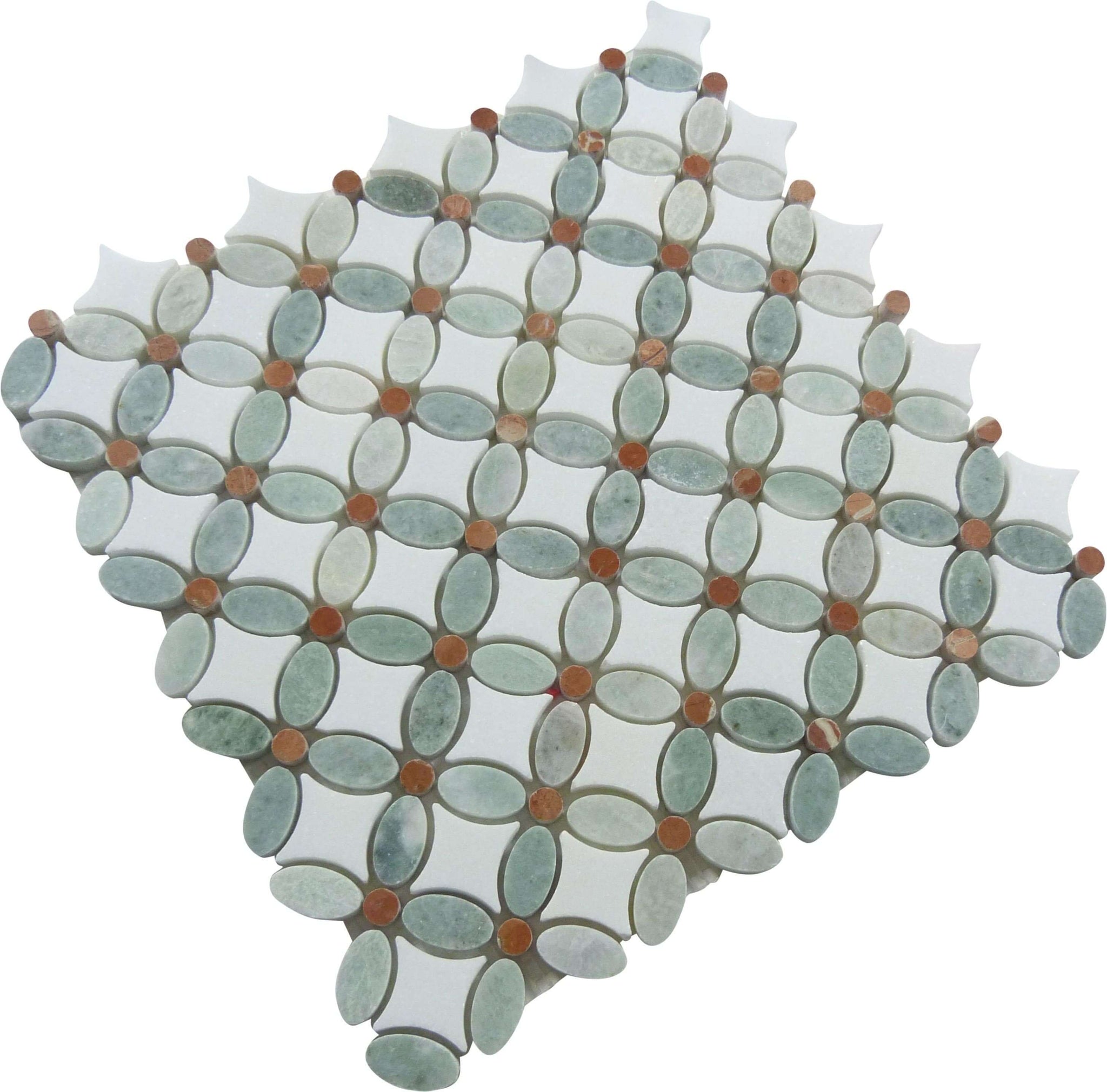 Ming Green Oval Red Dots Thassos White Flower Stone Tile
