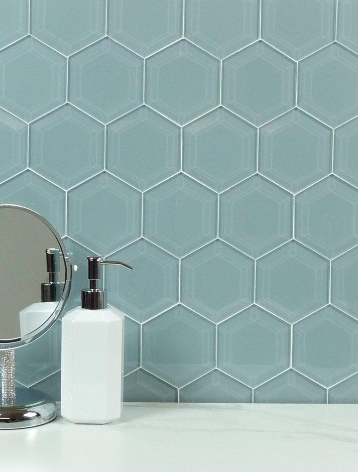 Grey Frost 4" Beveled Hexagon Glossy Glass Tile GEM3007-HEX
