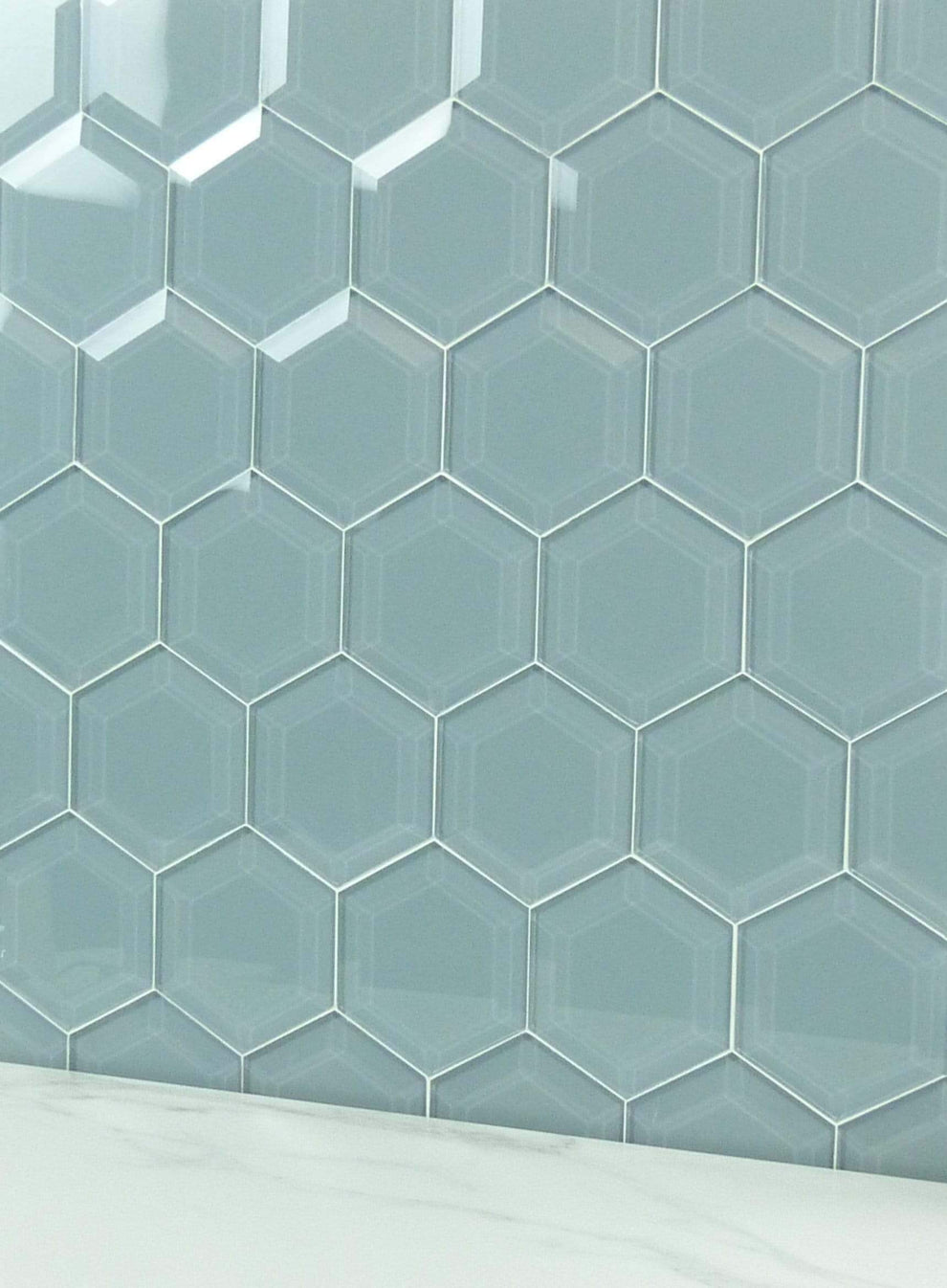 Grey Frost 4" Beveled Hexagon Glossy Glass Tile GEM3007-HEX