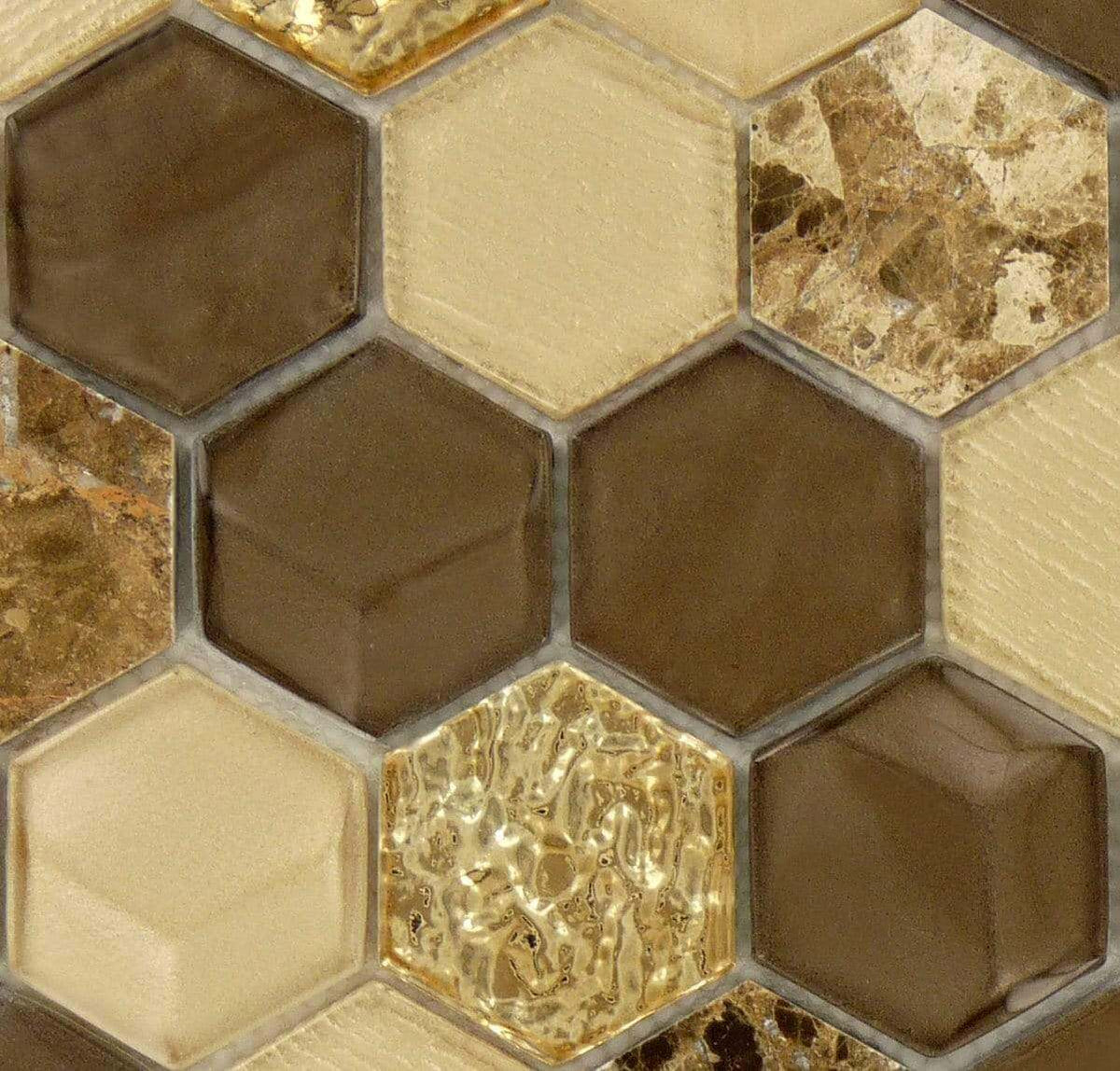 Hexagon Brown Glass and Stone Hexagon Tile Glossy Polished QLS-135