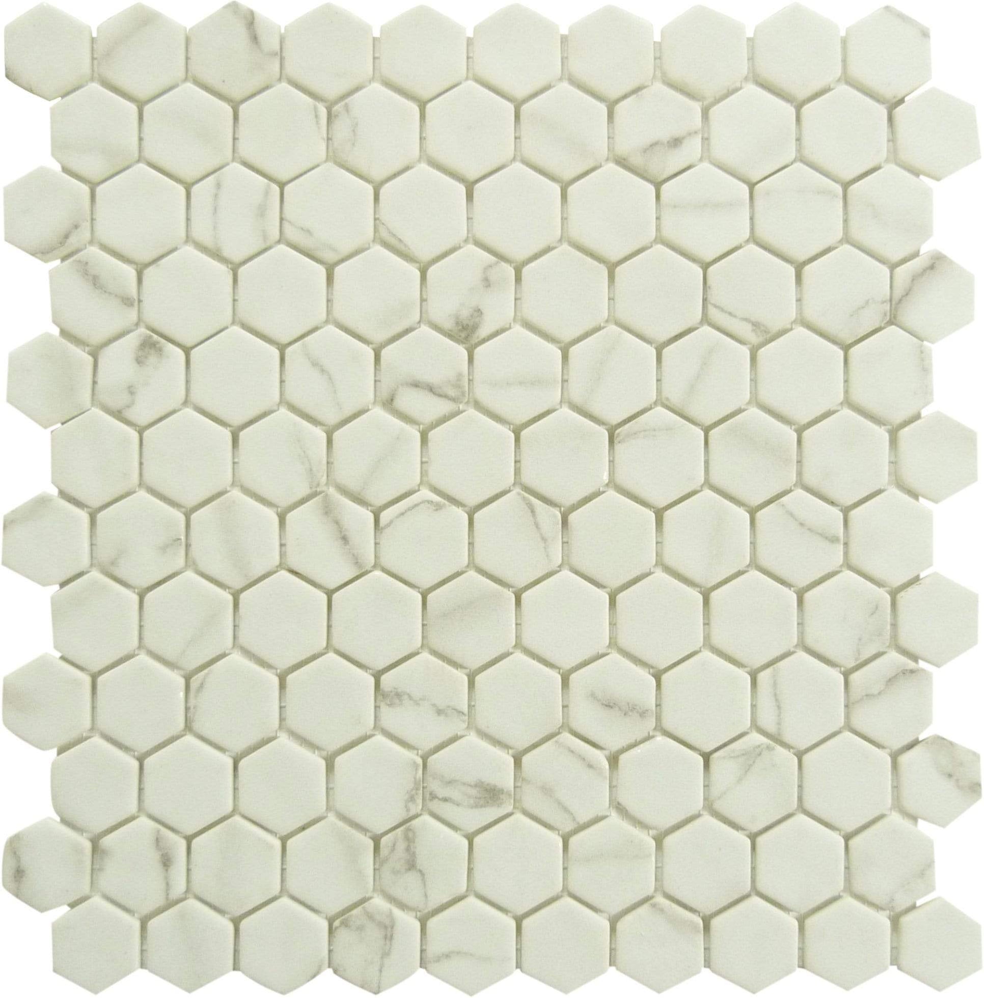 Karma Ridge Endless Calm White 1" Hexagon Matte Glass Pool Tile KR1406