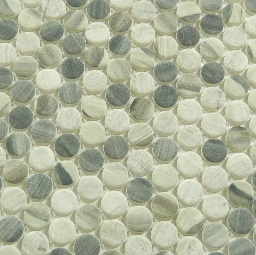 Pixels Chrome Arc Grey Penny Round Recycled Matte Glass Tile PX782