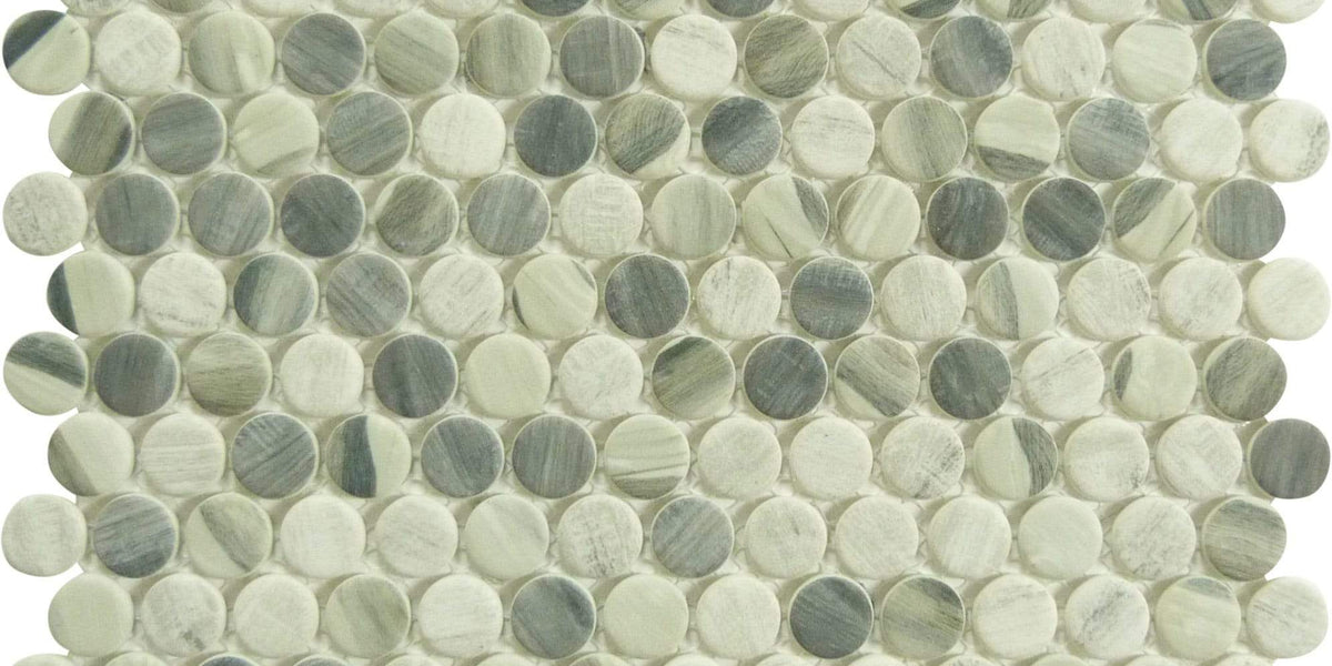 Pixels Chrome Arc Grey Penny Round Recycled Matte Glass Tile PX782
