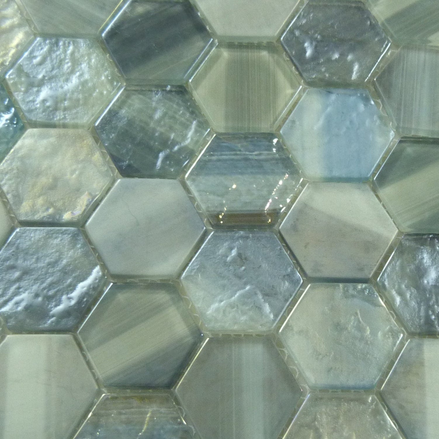 Uptown Beach Lido Down Grey Hexagon Frosted & Iridescent Glass Tile UPB2104