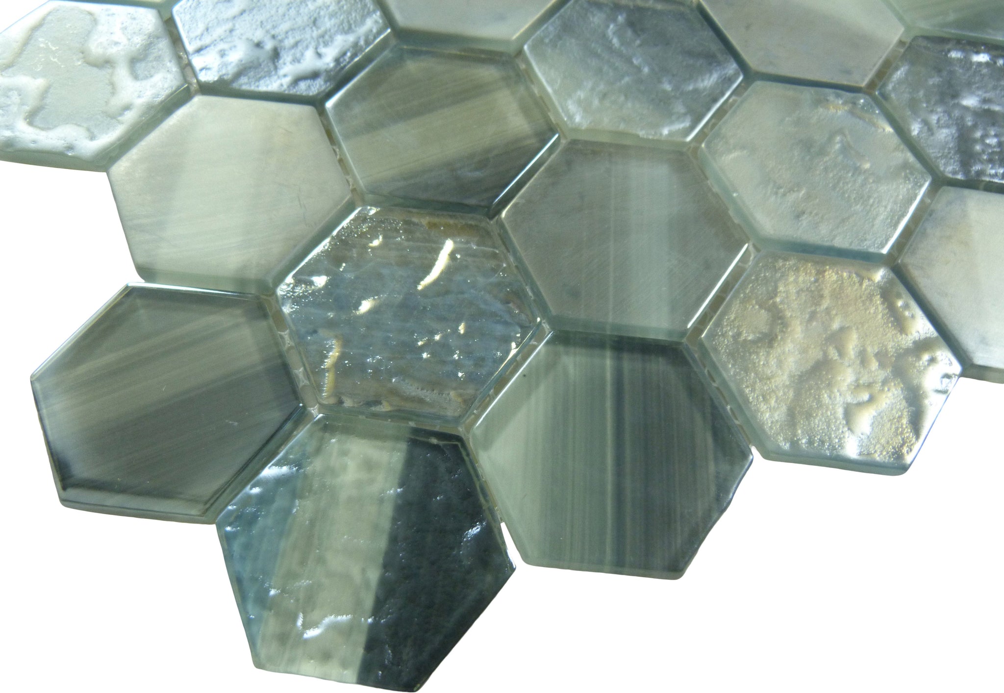 Uptown Beach Lido Down Grey Hexagon Frosted & Iridescent Glass Tile UPB2104