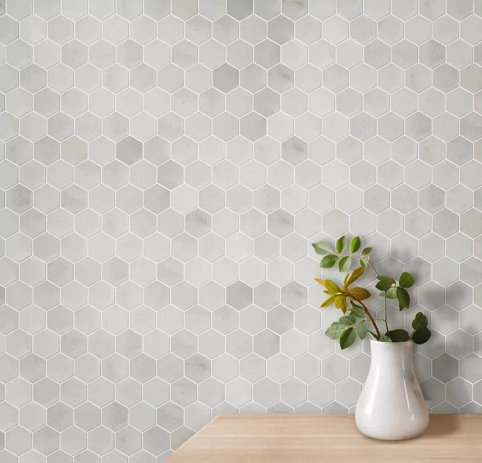 White Hexagon Polished Stone Tile: 203891 | Shop Oasis