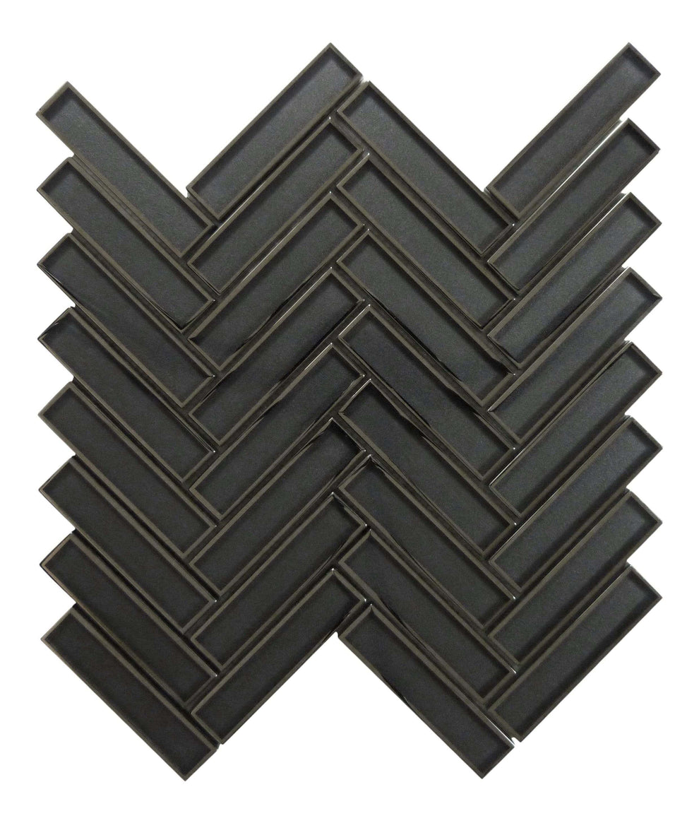 Castle Fort Gunmetal Grey Herringbone Glossy Glass Tile MNC-08GR