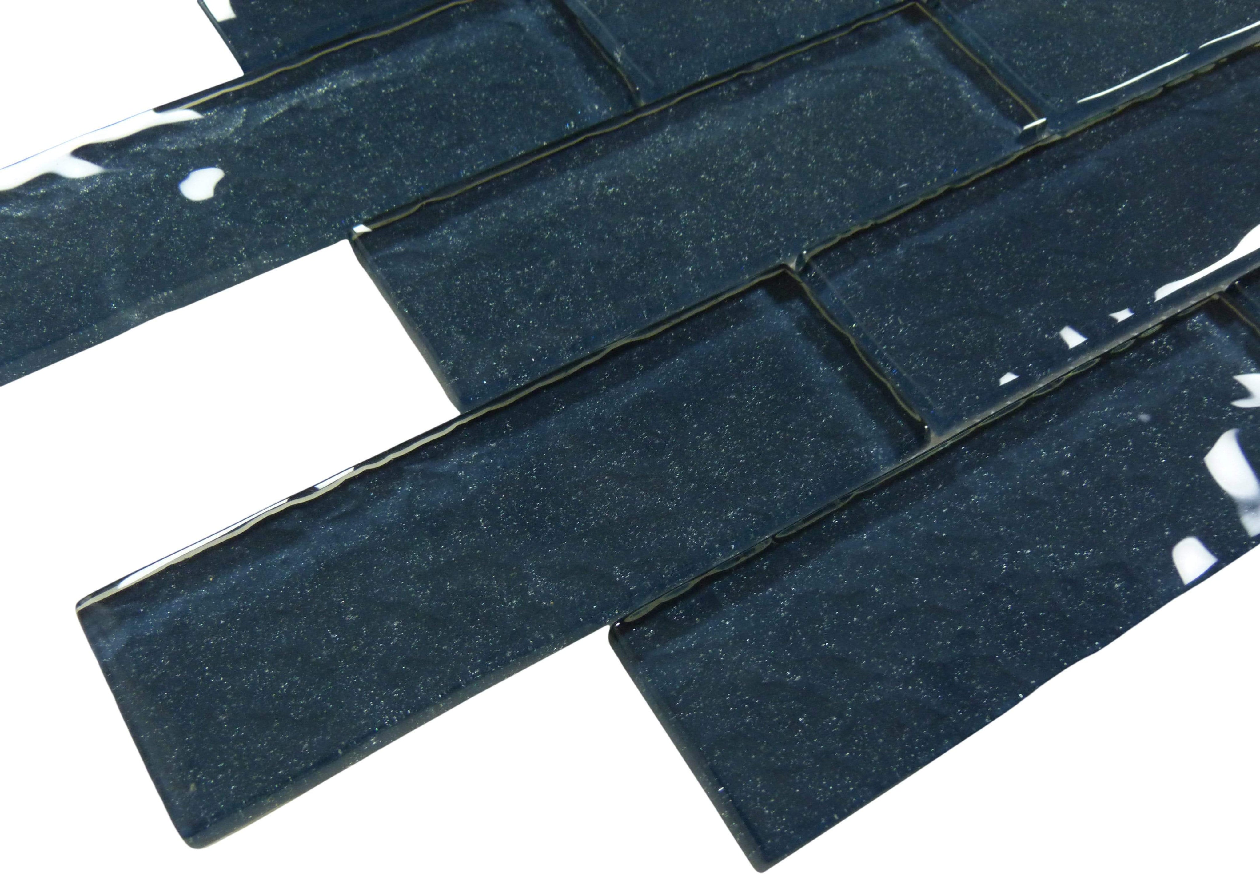 Moonscape Steel Blue 2x6 Ripple Glossy Glass Tile | Oasis