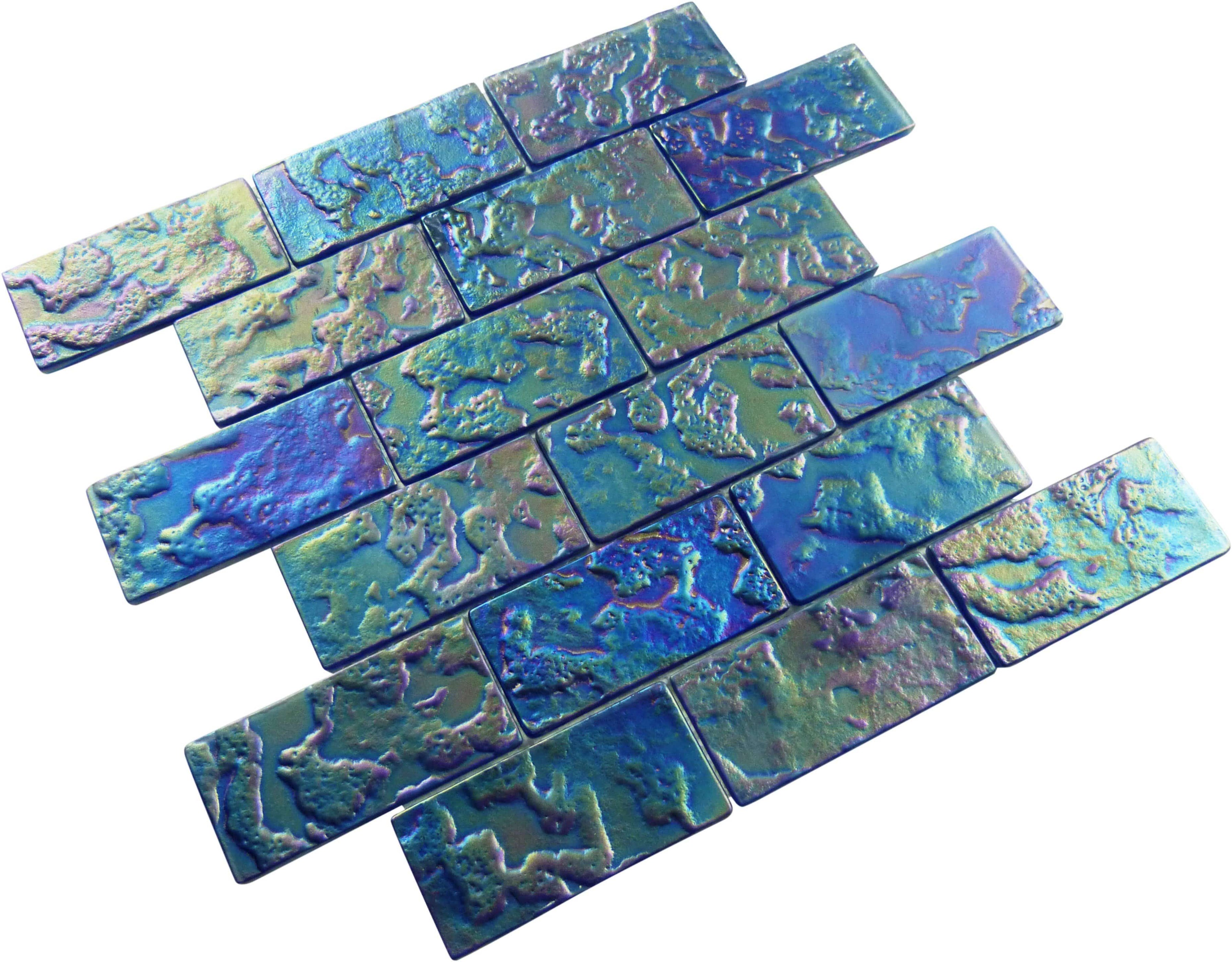 Blue Patina 2" x 4" Iridescent Rippled Frosted Glass Subway Pool Tile ...