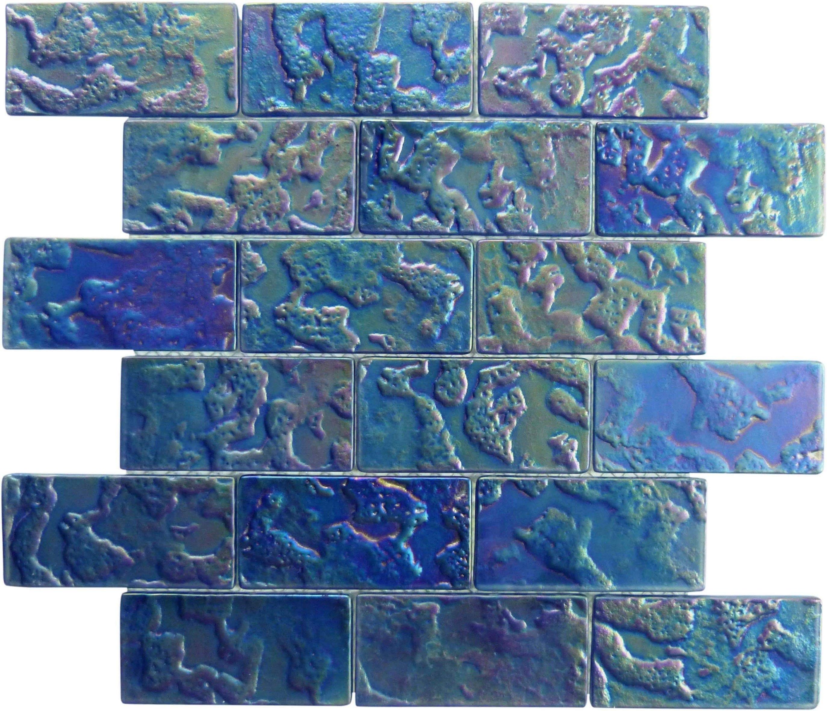 Blue Patina 2" x 4" Iridescent Rippled Frosted Glass Subway Pool Tile ...
