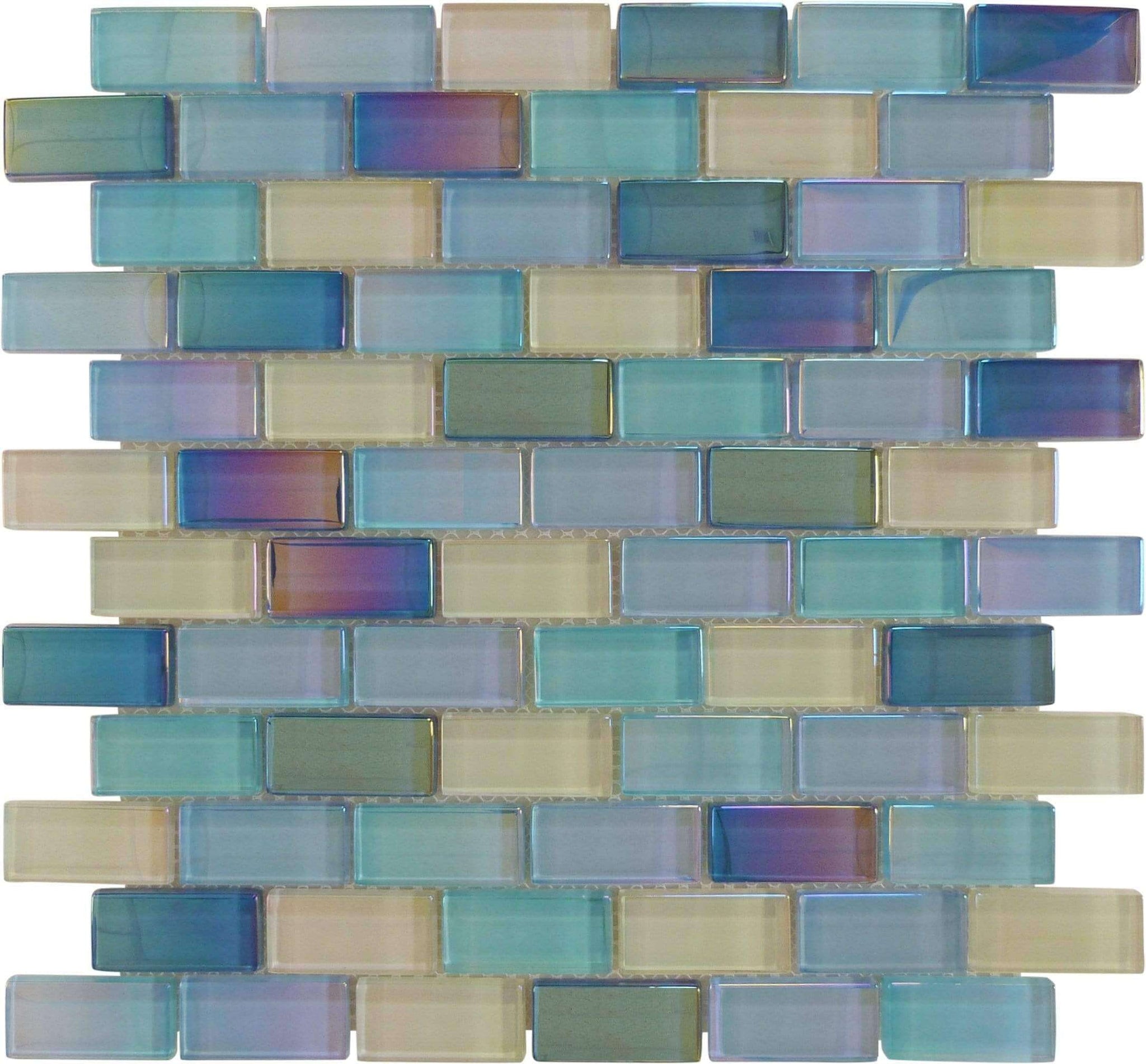 Blue wavy glass subway tiles backsplash