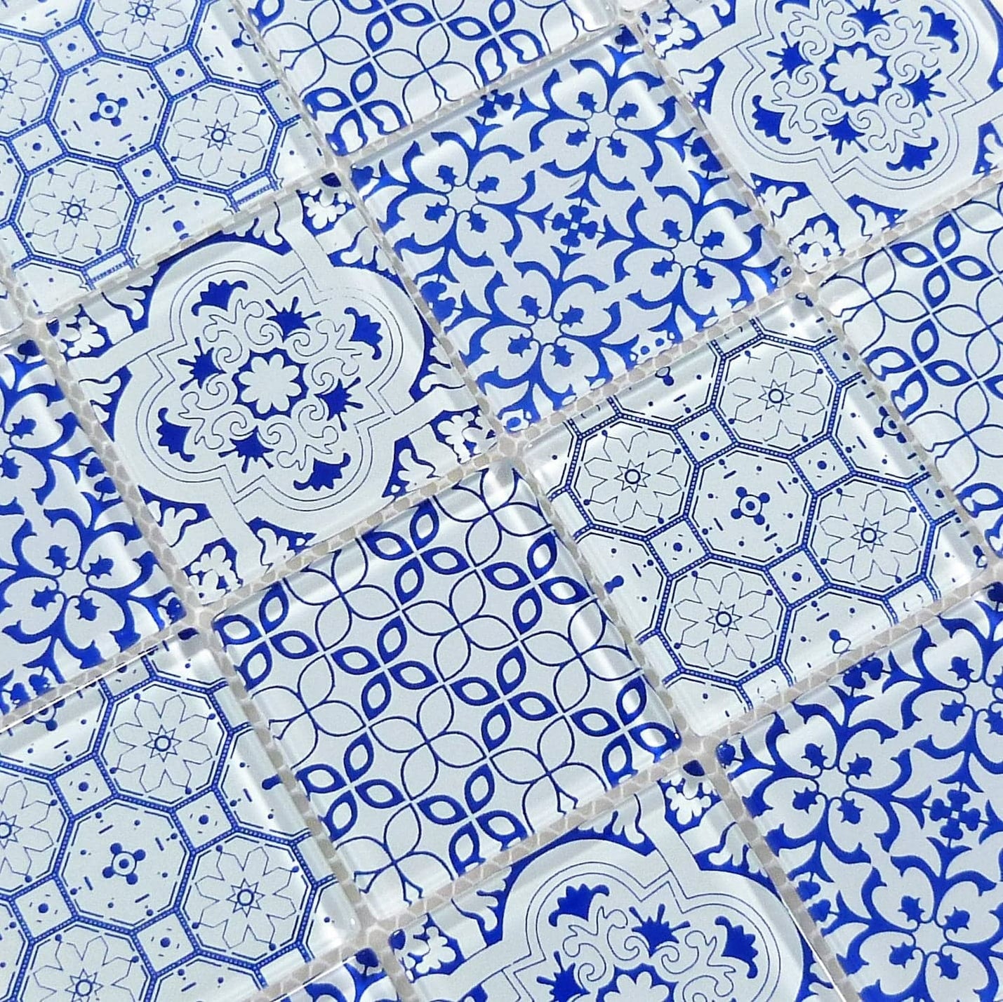 Tesoro Patchwork Azul Blue 3x3 Glossy Glass Tile FINPATCAZUL33