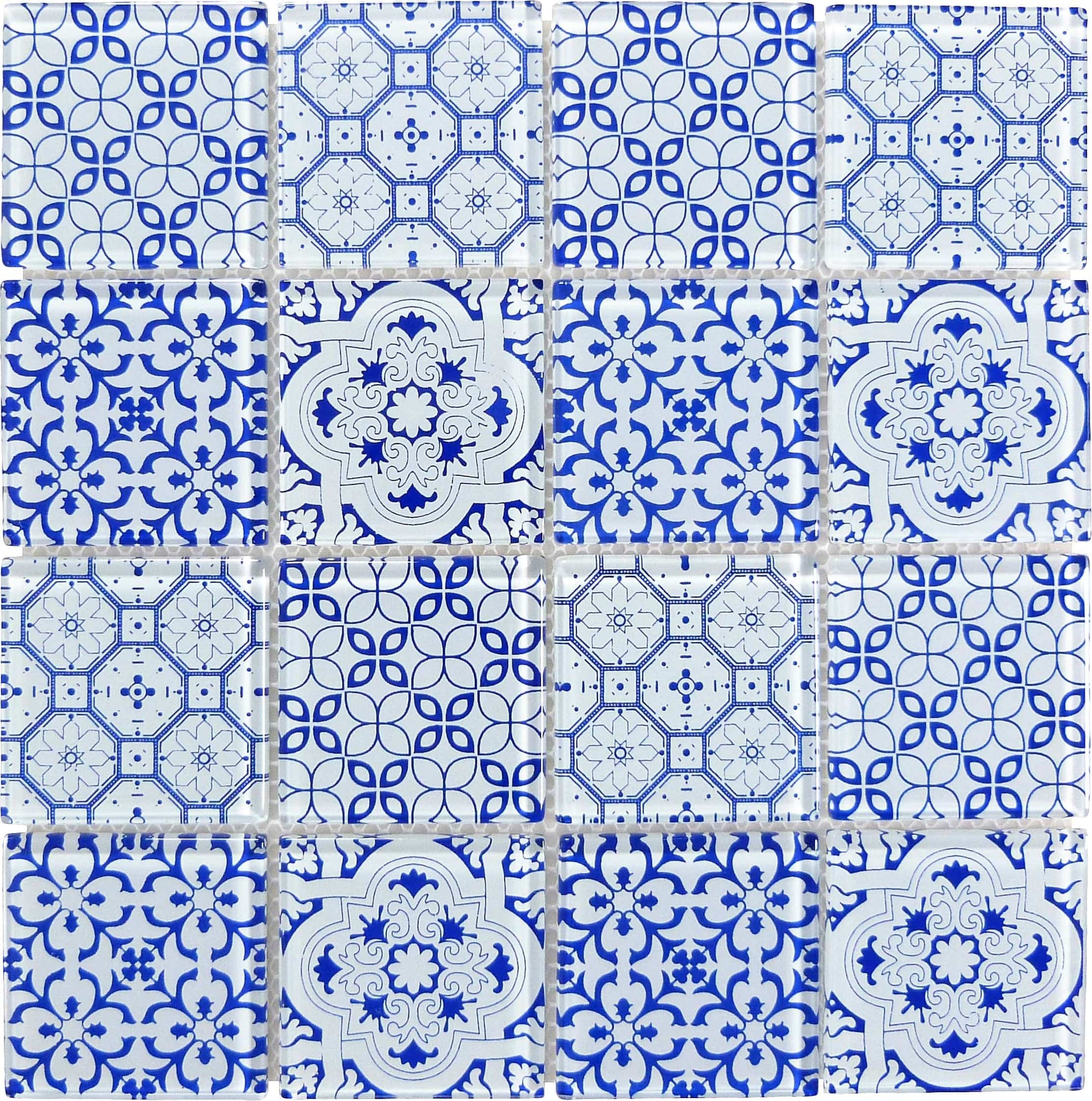 Tesoro Patchwork Azul Blue 3x3 Glossy Glass Tile FINPATCAZUL33