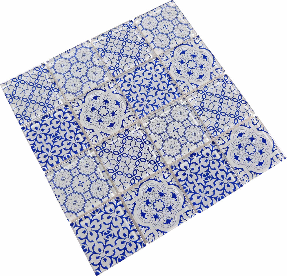 Tesoro Patchwork Azul Blue 3x3 Glossy Glass Tile FINPATCAZUL33
