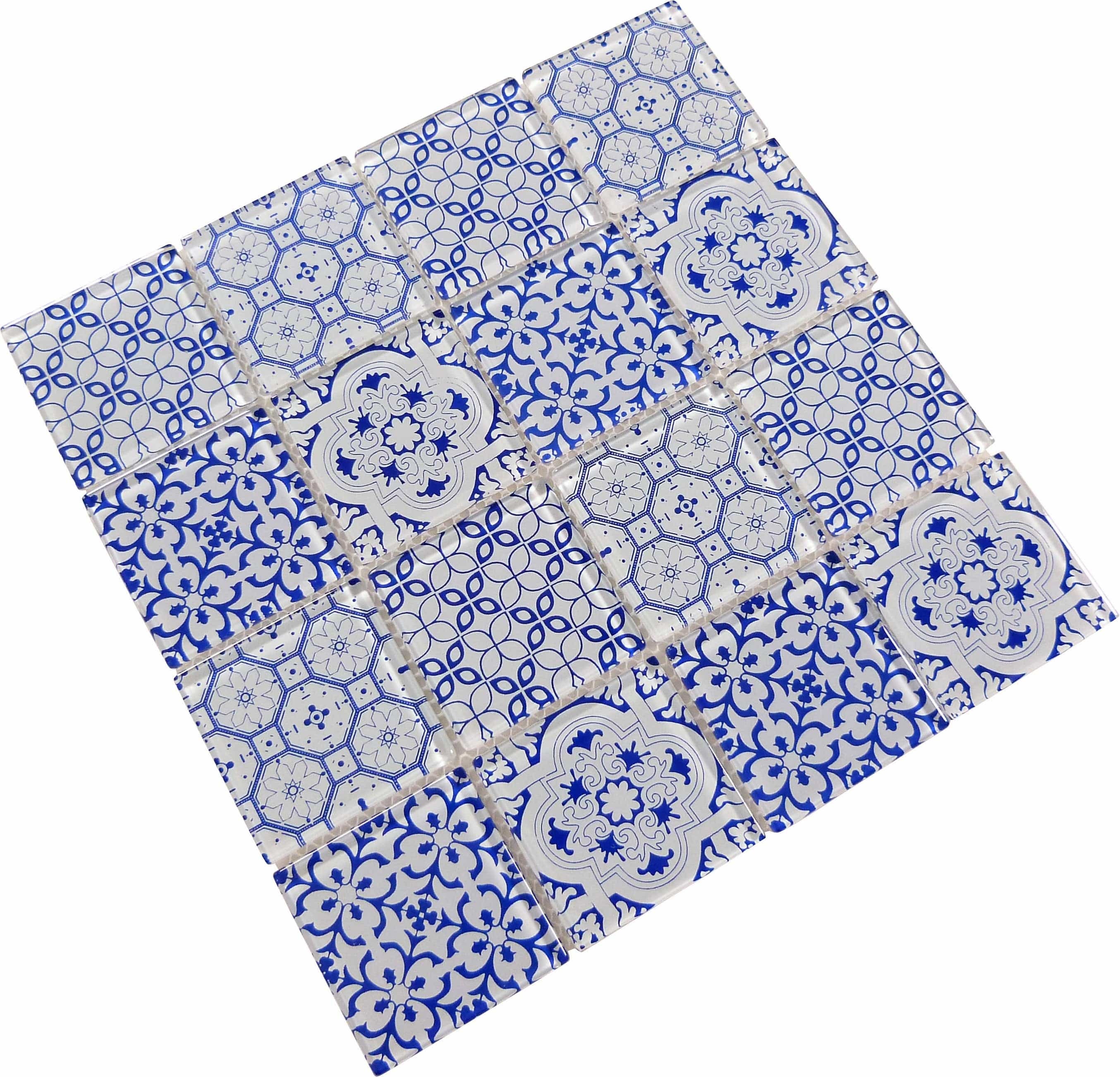 Tesoro Patchwork Azul Blue 3x3 Glossy Glass Tile FINPATCAZUL33