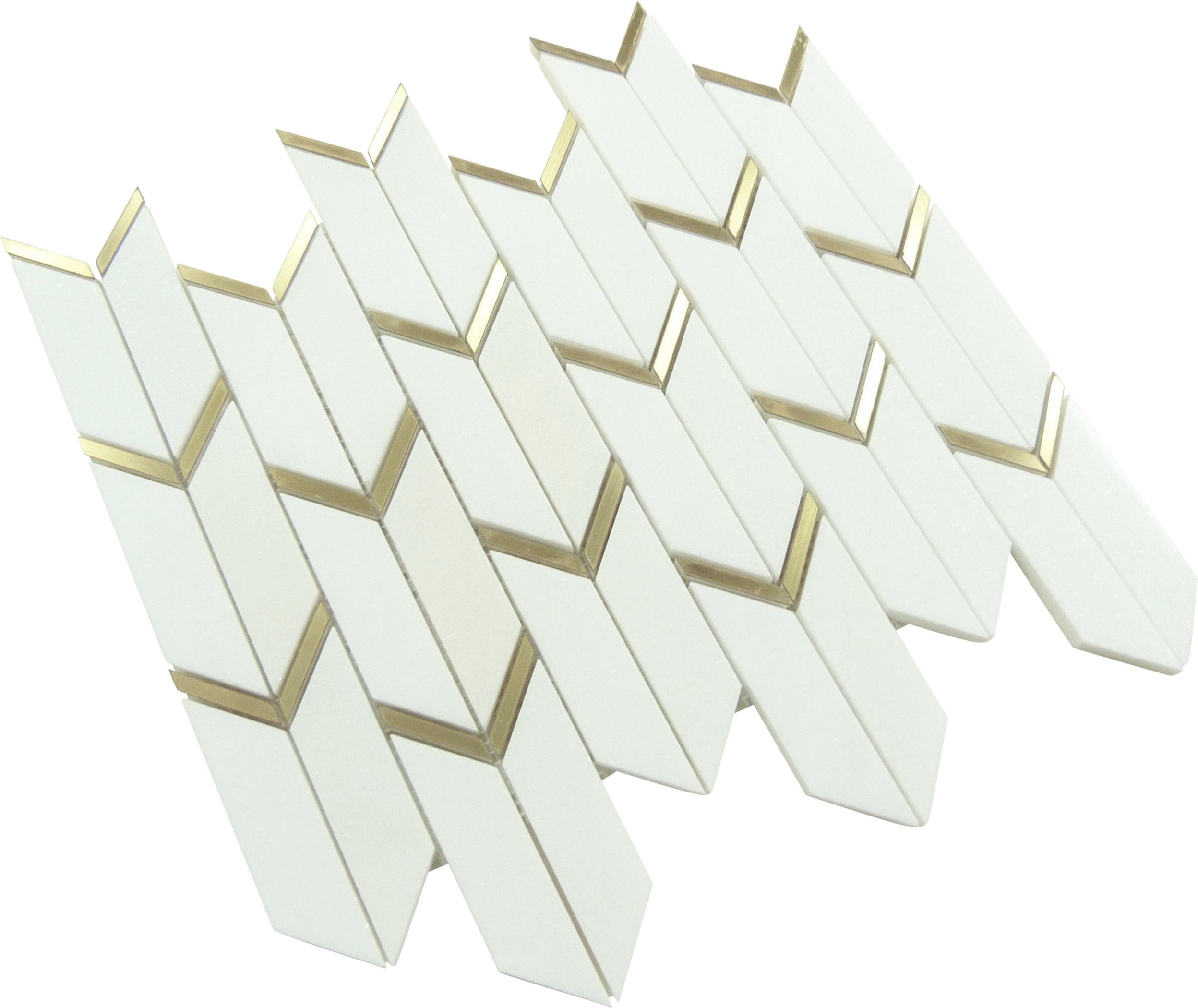 Dolomite White Marble and Gold Metal Chevron Stone Tile | Oasis Tile