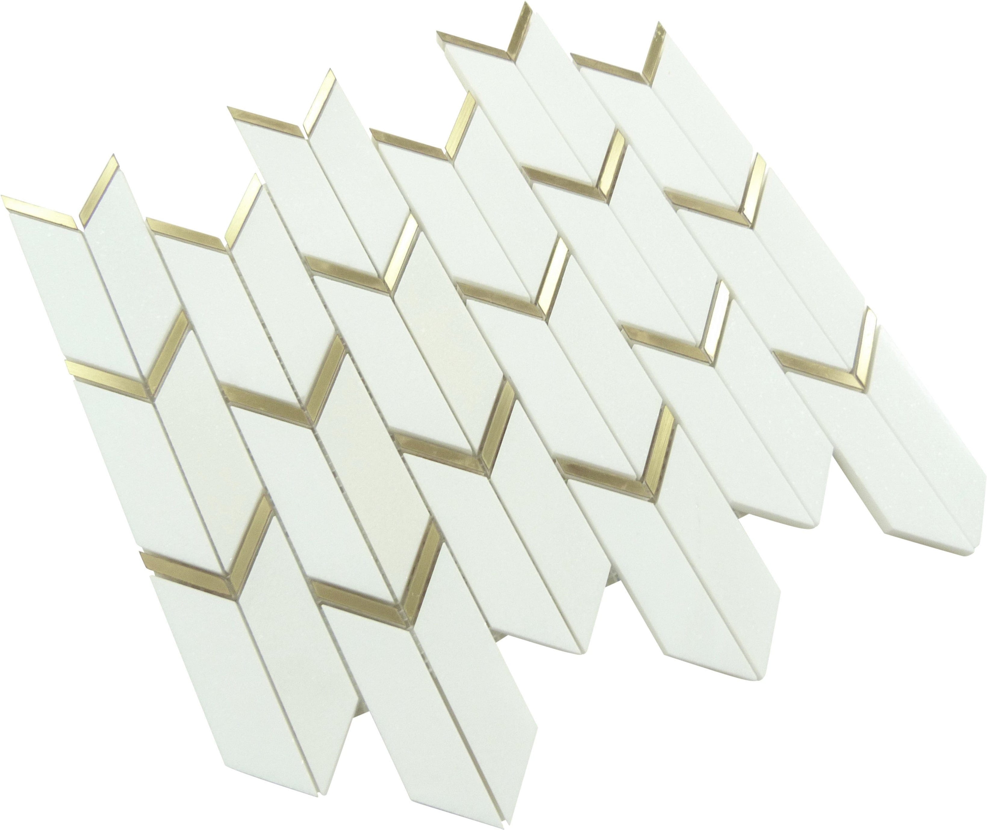 Dolomite White Marble and Gold Metal Chevron Stone Tile | Oasis Tile
