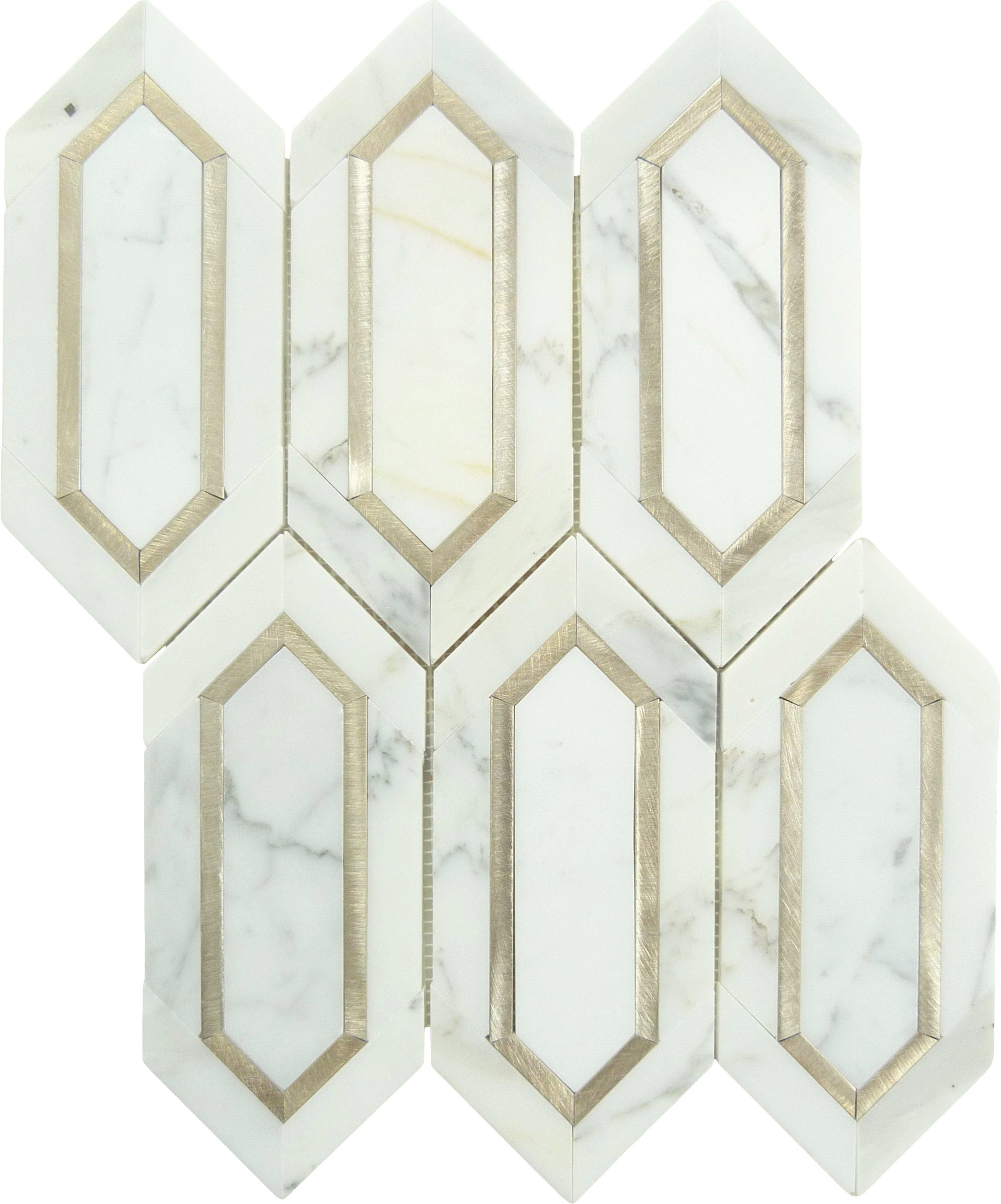Elongated Hexagon Carrara and Gold Metal Tile | Oasis Tile