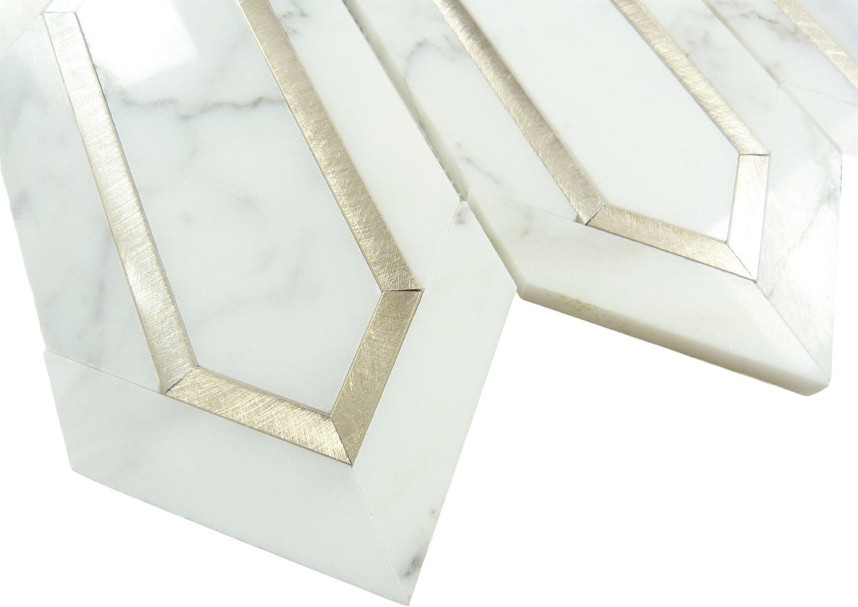 Elongated Hexagon Carrara and Gold Metal Tile | Oasis Tile