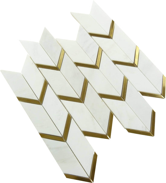 Natural Bianco White and Gold Metal Chevron Stone Tile NBG3