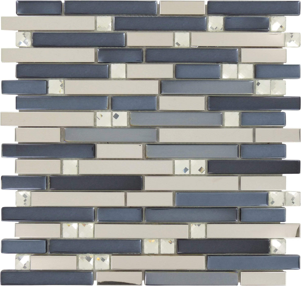 Random Bricks Black Glass & Metal Random Brick Tile Glossy DSS6