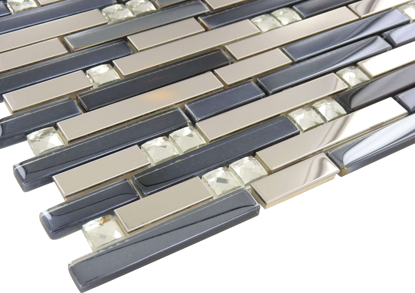 Random Bricks Black Glass & Metal Random Brick Tile Glossy DSS6