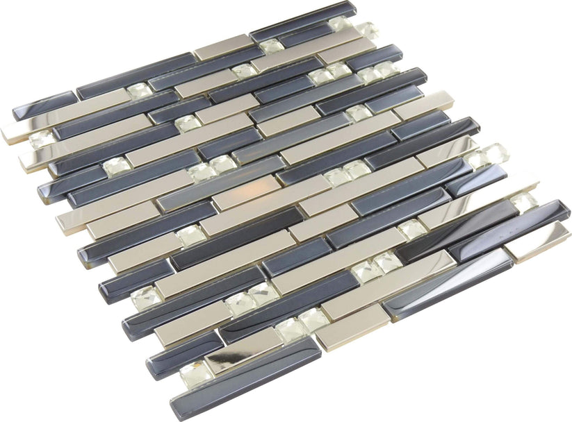 Random Bricks Black Glass & Metal Random Brick Tile Glossy DSS6